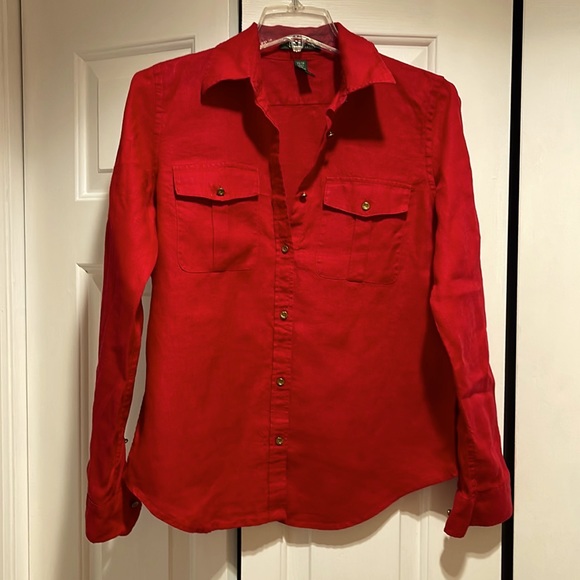 Lauren Ralph Lauren | Tops | Ralph Lauren Red Linen Shirt In Excellent ...